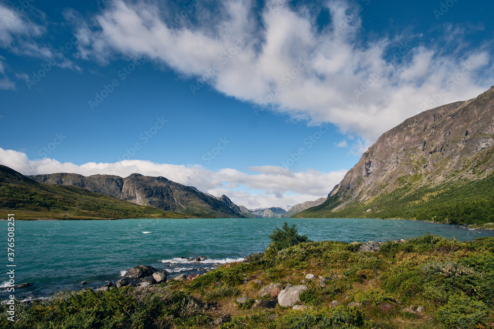 wiev of gjende lake from the besseggen trail hike in the Jotunheimen ...