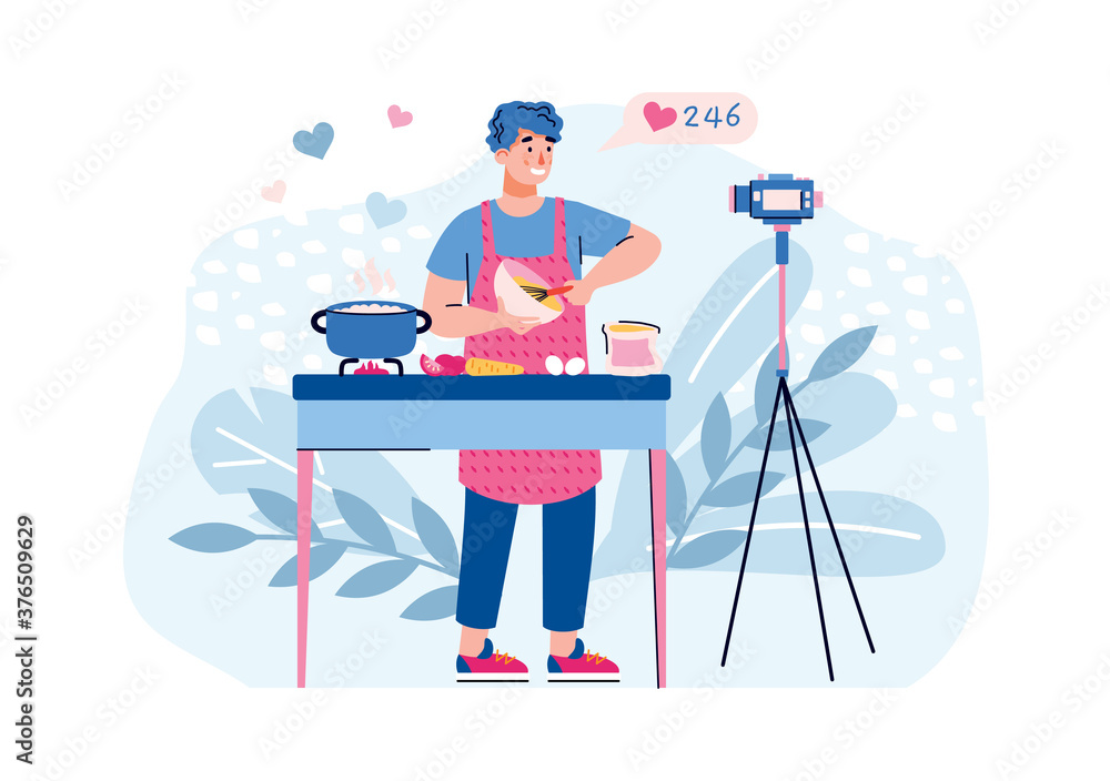 Vlogger filming cooking recipe on camera for his channel. Man making ...