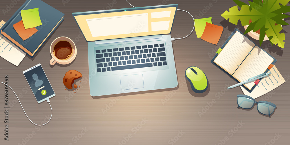 Workplace top view, office desk, work space with coffee cup, crumbled ...