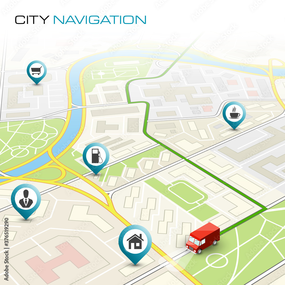 City map navigation route, point markers delivery van, schema itinerary ...