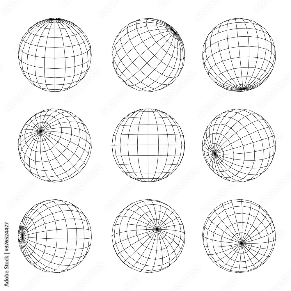 Globe Grid set. Earth, planet, orb wireframe in nine position ...