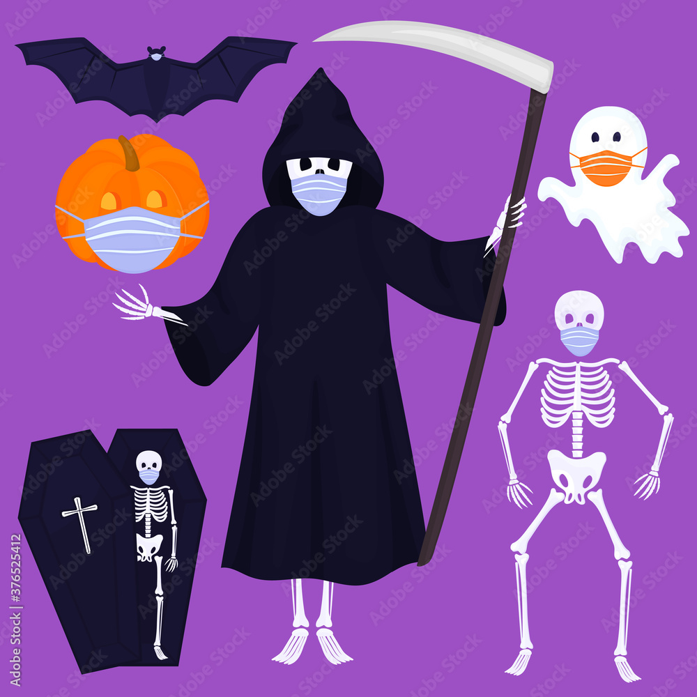 Set of clip art for Halloween. Skeleton, death with scythe, pumpkin ...