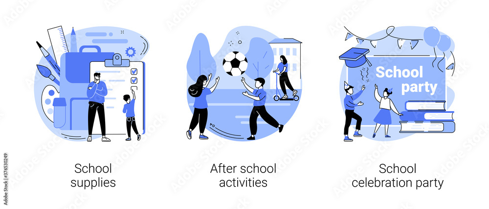 School year abstract concept vector illustration set. School supplies ...