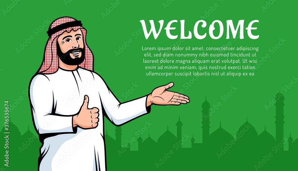 Muslim man Arab welcomes to his country. Arabic positive man thumb up ...