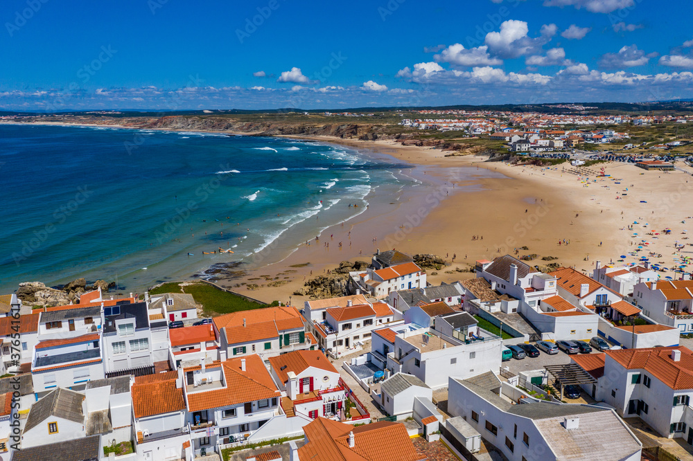 Aerial view of island Baleal naer Peniche on the shore of the ocean in ...