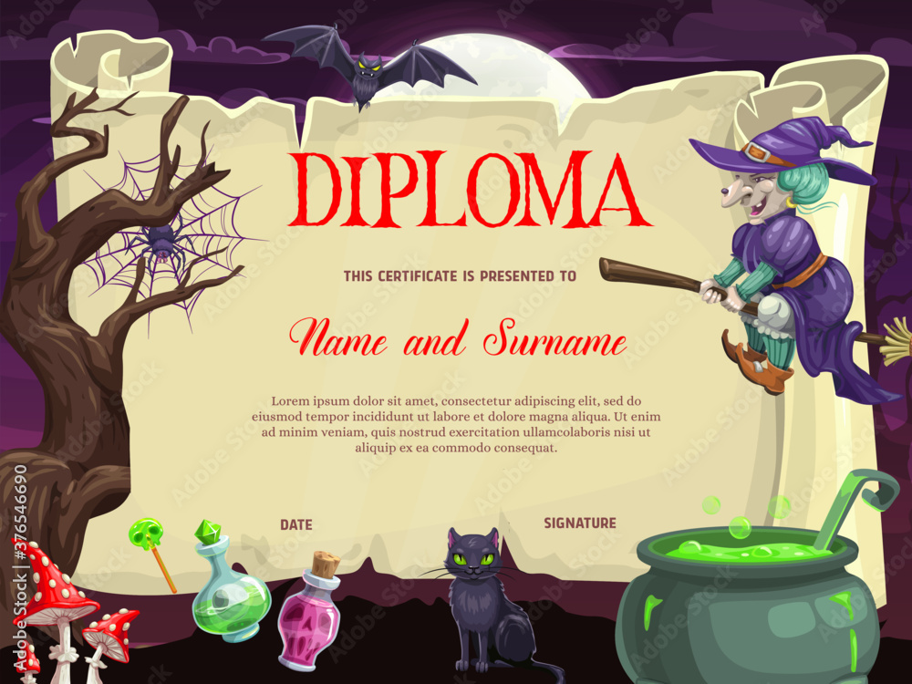 Kids diploma with Halloween vector witch on broom, black cat, bat and ...