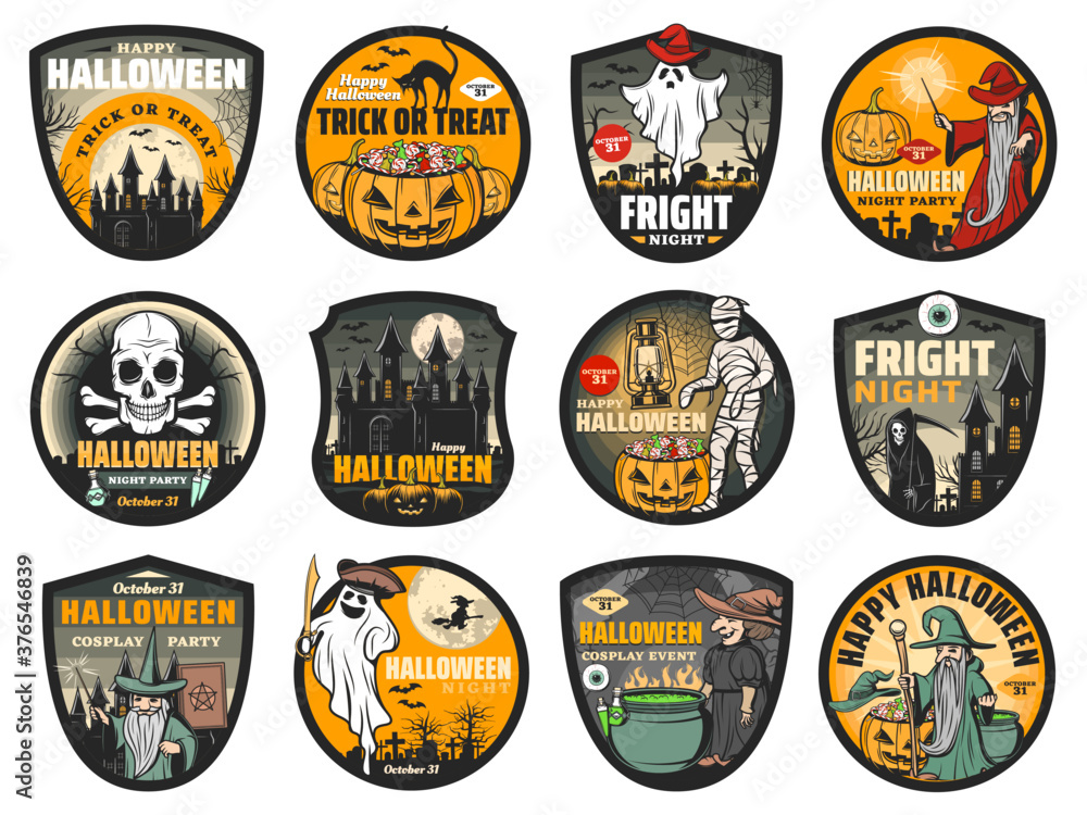 Halloween vector badges with pumpkins, horror ghosts and spooky bats ...