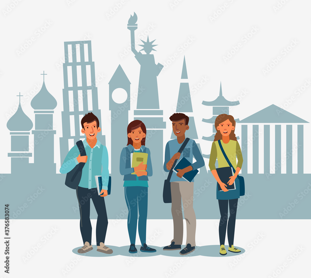 Smiling group of students standing with notebooks in front of famous ...