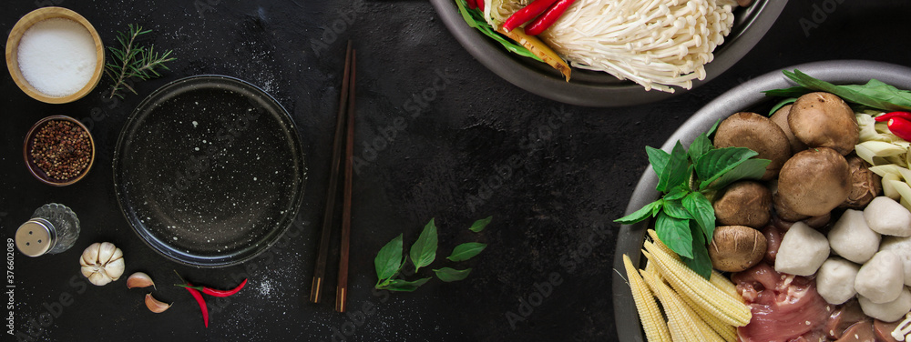 Japanese Sukiyaki in traditional Cast Iron Pot. Chabu sukiyaki and ...