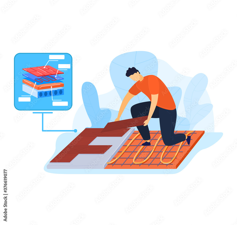 Worker installing thermal floor construction, heat underfloor ...