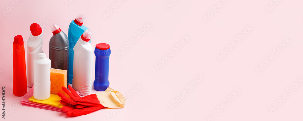 Colorful cleaning set for different surfaces in kitchen, bathroom ...