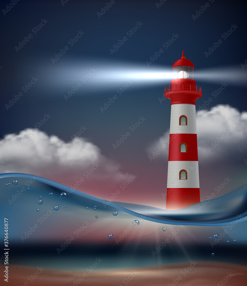 Lighthouse in ocean. Night marine landscape with lighthouse for ship ...