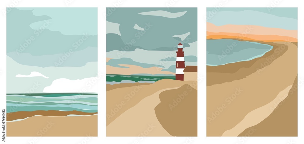 Set of vertical posters on the sea theme in a trending flat style ...