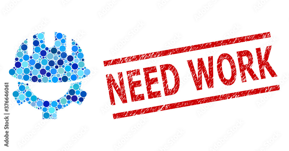 Circle composition development helmet and NEED WORK dirty stamp. Stamp ...