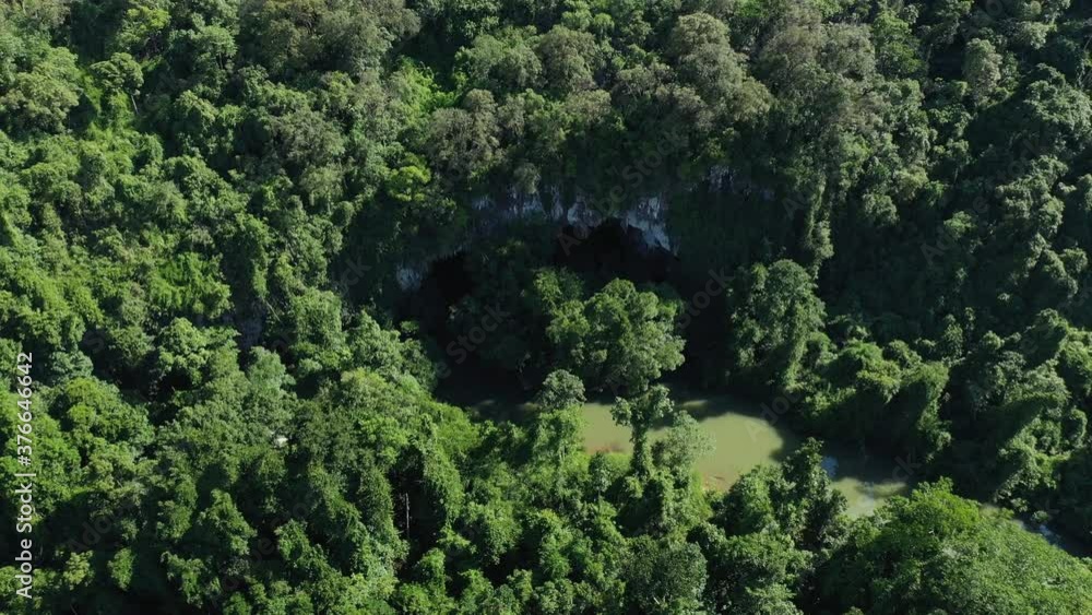 Top view Konglor cave hidden by rainforest in Asia, Laos, Khammouane ...