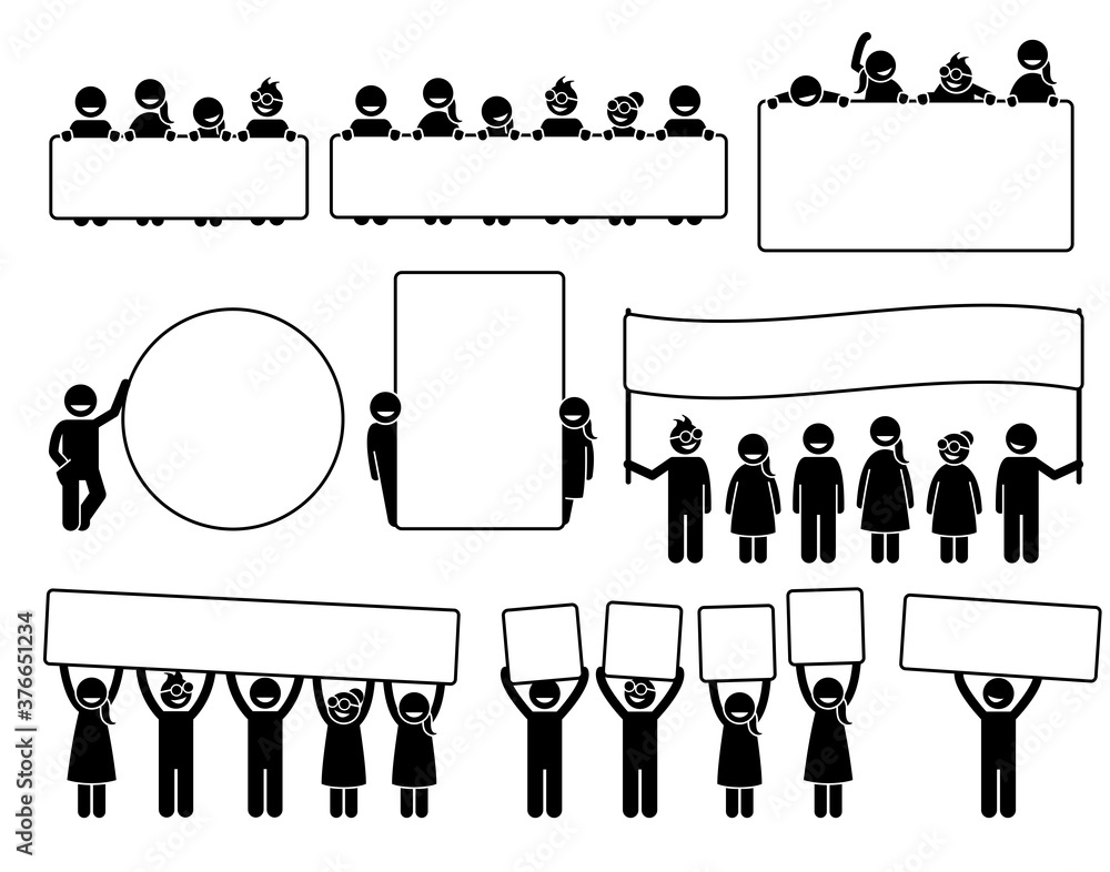 Happy children holding and posing behind empty banners stick figures ...