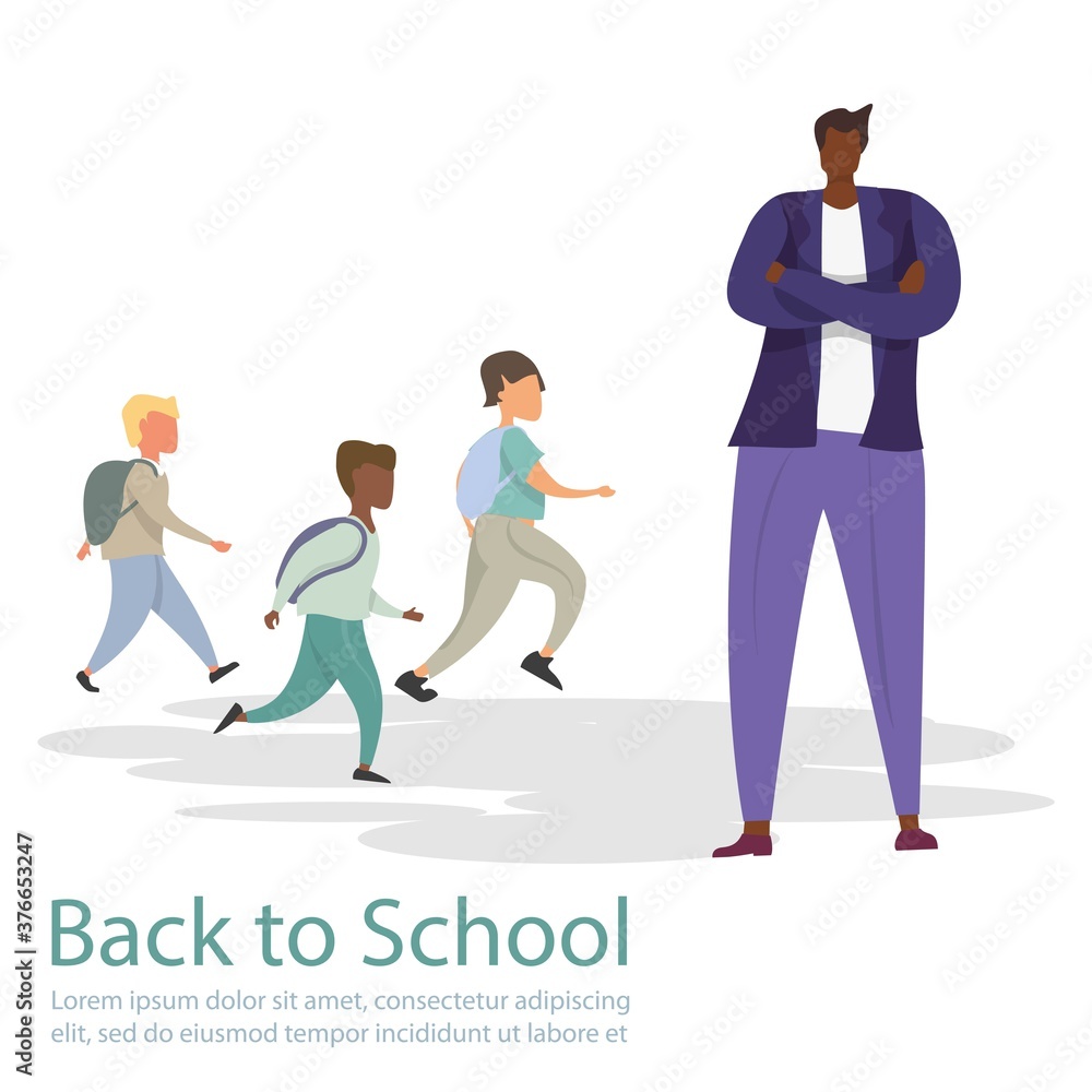 Character Children run to teacher. Back to school flat banner. Cartoon ...