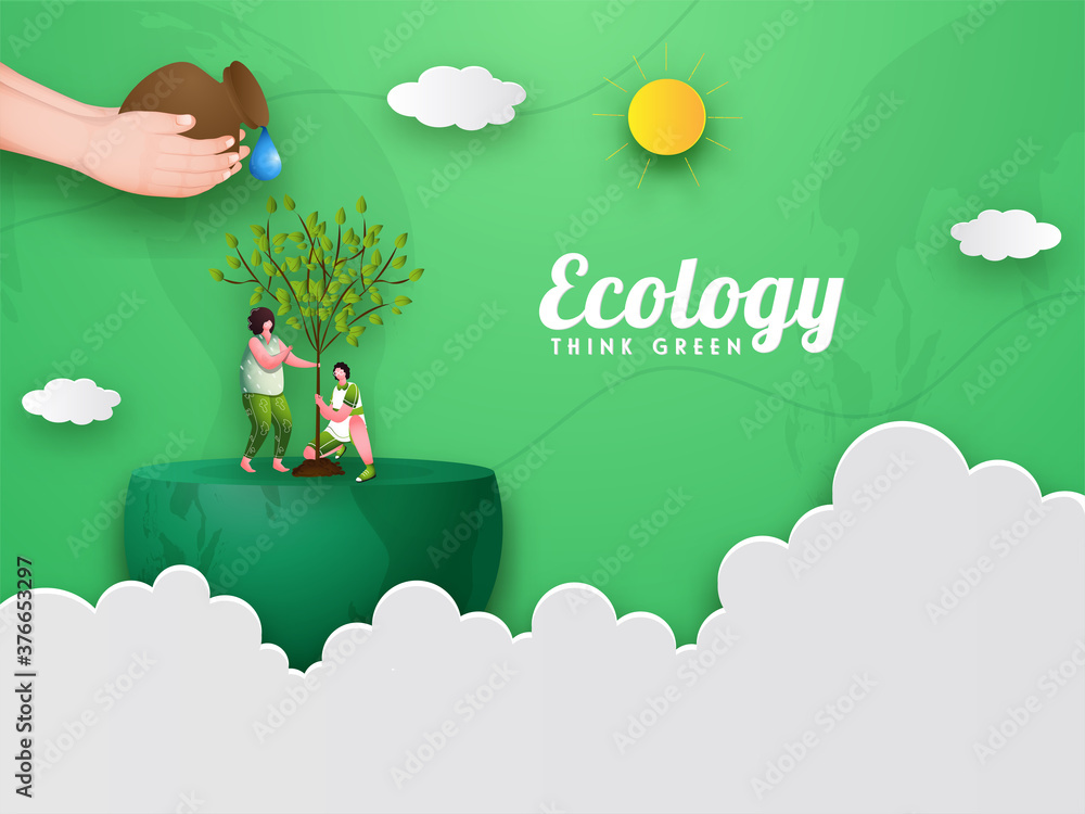 Cartoon Man and Woman Gardening on 3d Half Earth Globe with Sunshine ...