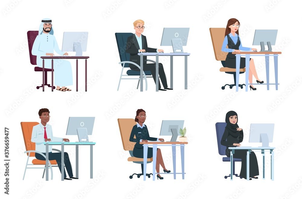 Business people working at computer. Isolated work agency persons ...