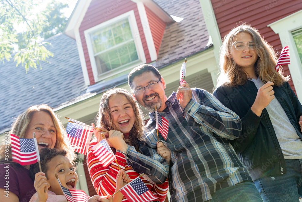 Happy Adoptive American Family Celebrating and Waving United States ...