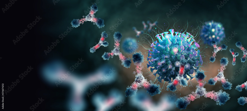 Virus under microscope. Antibodies and viral infection. Immune defense ...