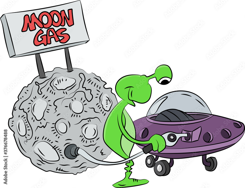 Cartoon alien filling the tank of his spaceship vector illustration ...