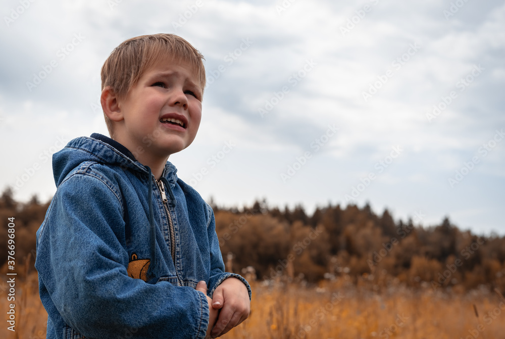 Autumn portrait of a little sad boy looking sadly at the sky at the ...