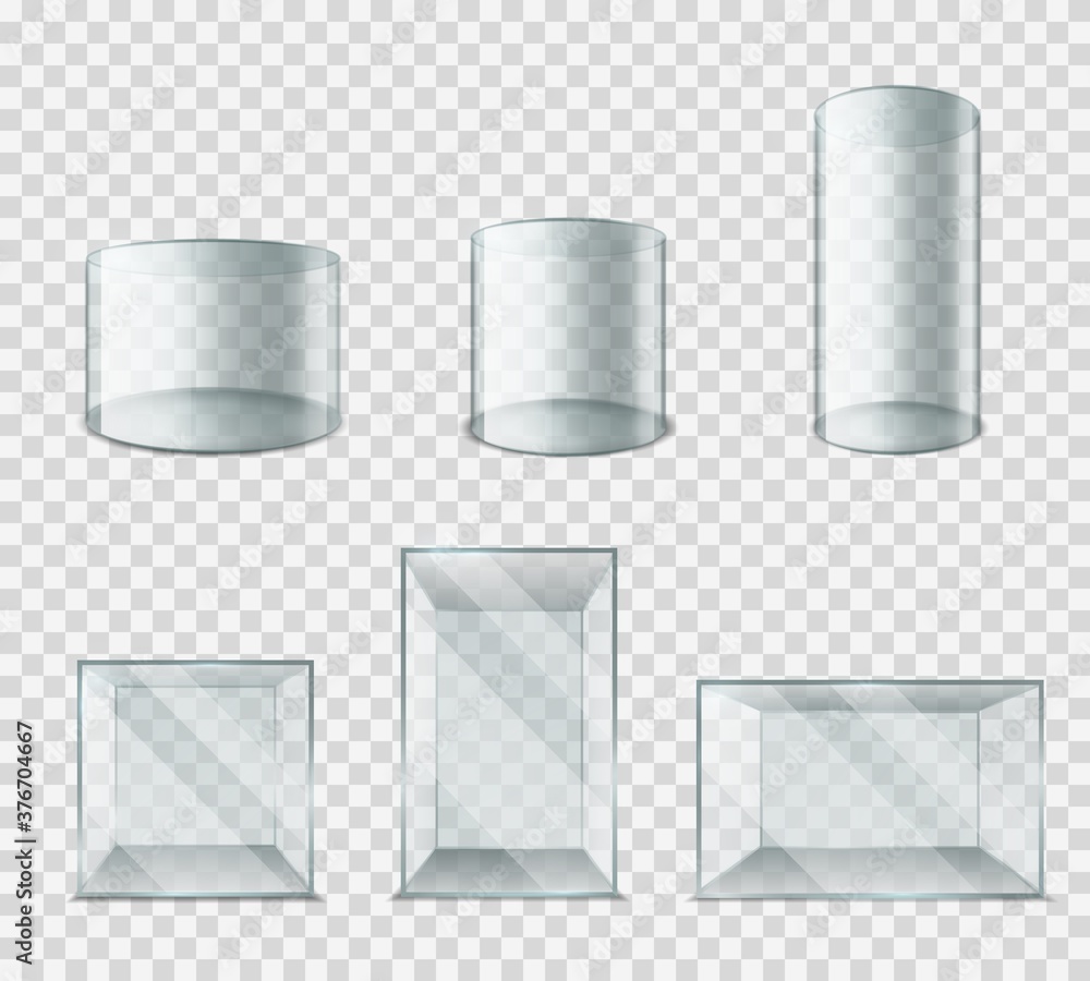 Glass box. Plastic cube with glossy glare reflections, cylinder blank ...