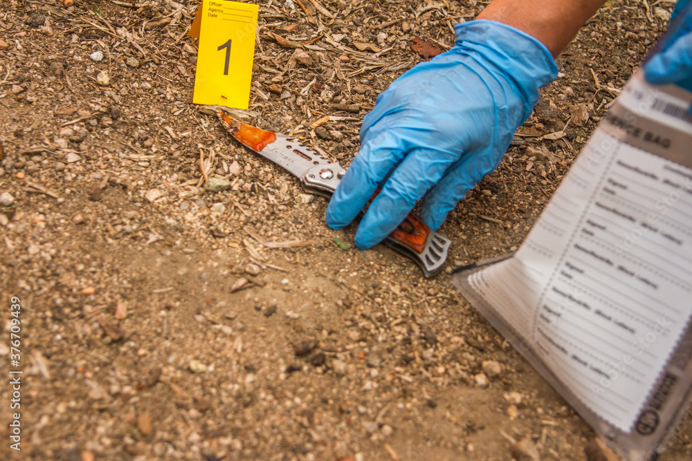 close up of a detective hand removing evidence of the crime like gun or ...