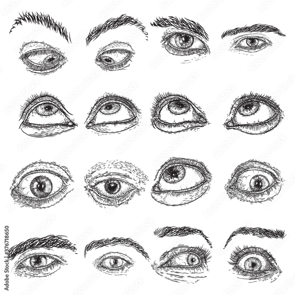 Expressive eye and brow with lashes image set with different mood and ...