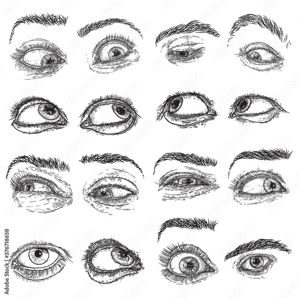 Expressive eye and brow with lashes image set with different mood and ...
