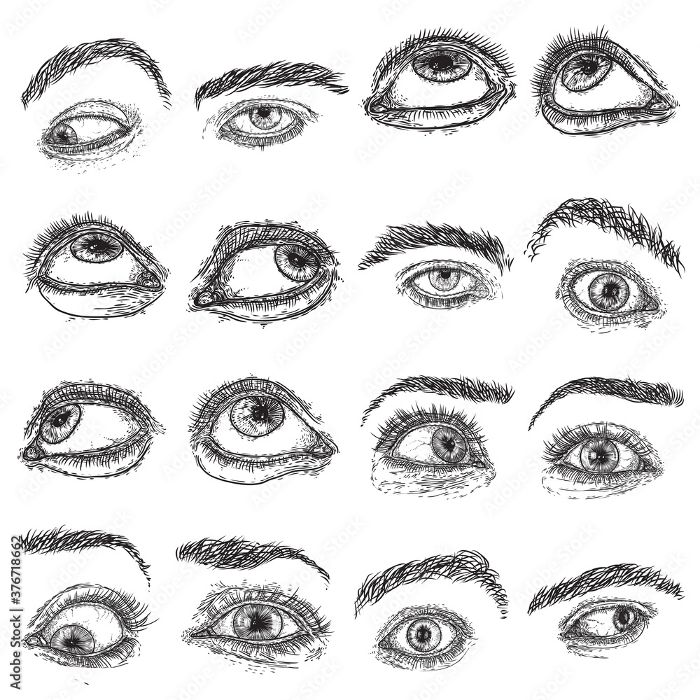 Expressive eye and brow with lashes image set with different mood and ...