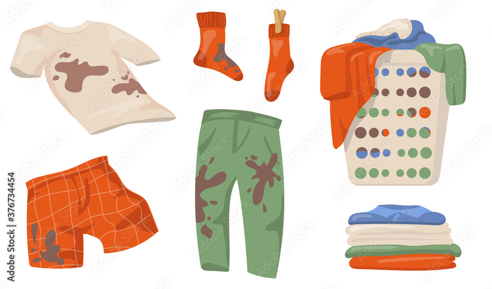 Dirty clothes set. T-shirts and socks with mud spots, pile of clothes ...