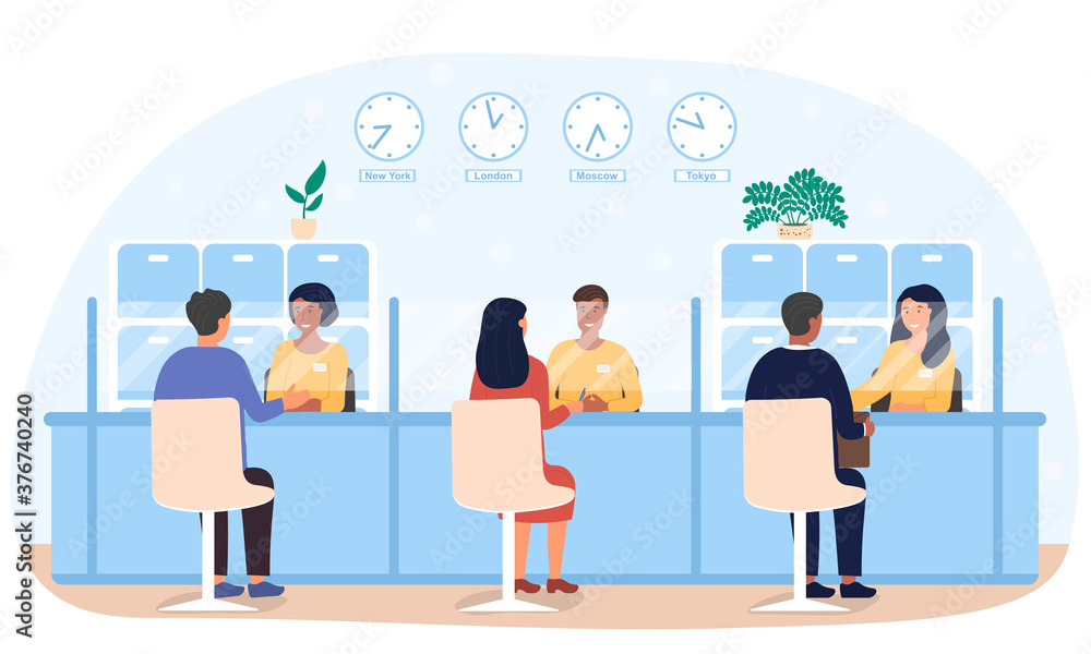Bank employees providing financial services to clients. Flat vector ...