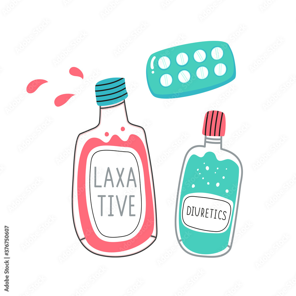 Bottles of pharmacy medicines. Illustrations of laxative medications ...