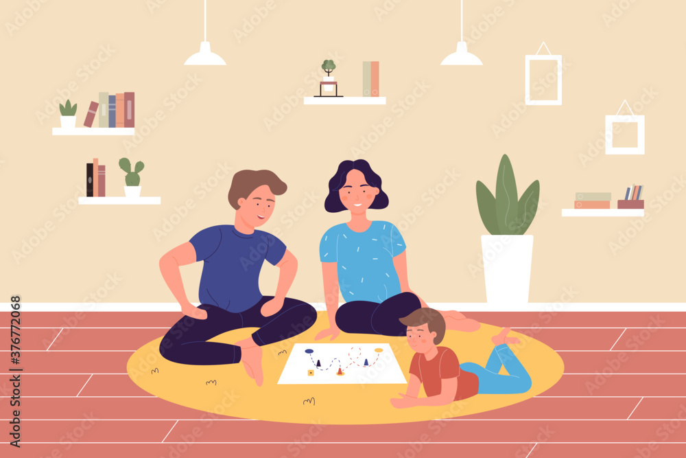 Family playing board game at home vector illustration. Cartoon parents ...