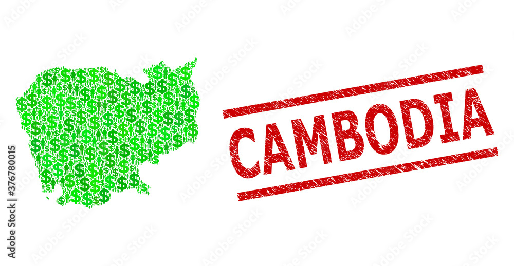 Green dollar and men mosaic map of Cambodia and corroded seal stamp ...