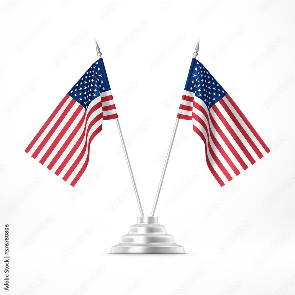 Table flag USA. Two national flags on metal flagpole stand isolated on ...