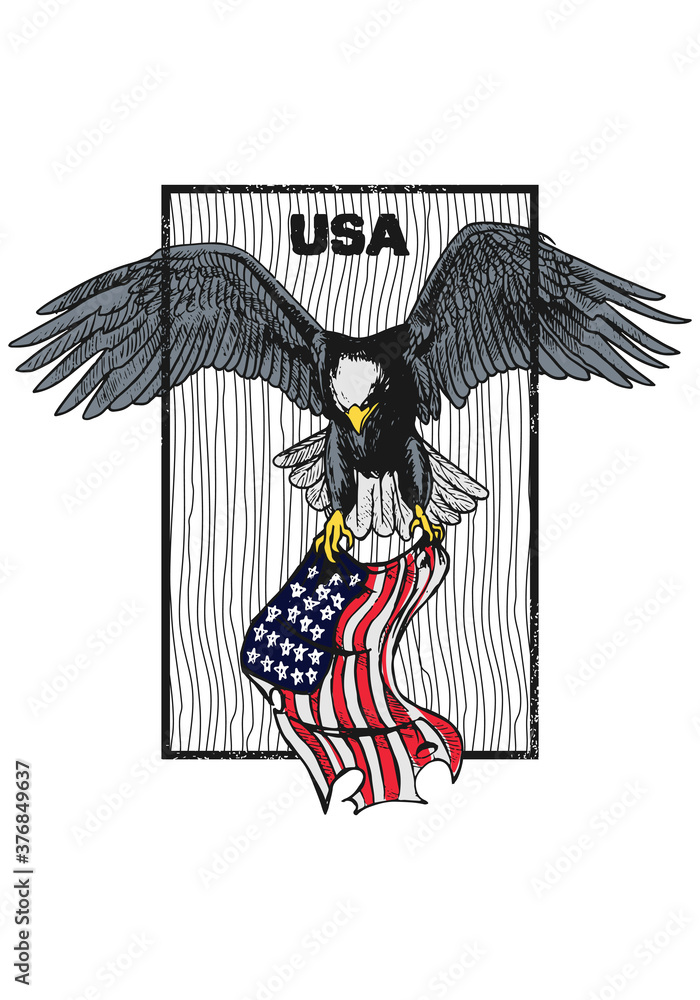 Hand drawn of eagle holding colorful american flag isolated on white ...