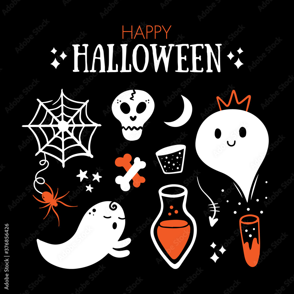 Ghosts, spider web with little spider, potion, bones and skull icons ...