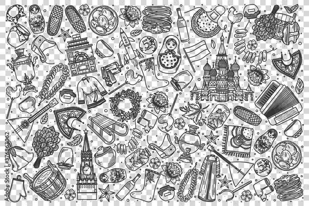 Russia doodle set. Collection of hand drawn sketches templates of ...