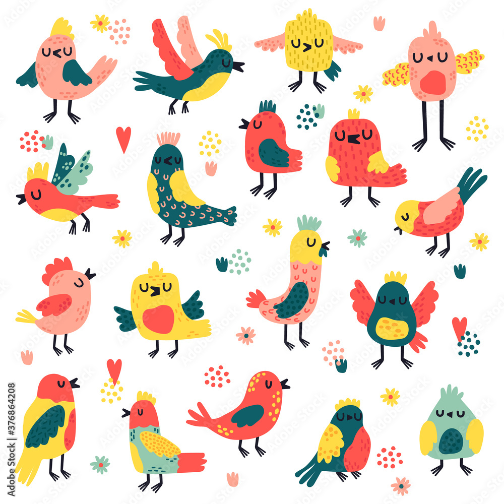 Doodle birds. Cute hand drawn birds, doodle colorful avifauna, lovely ...