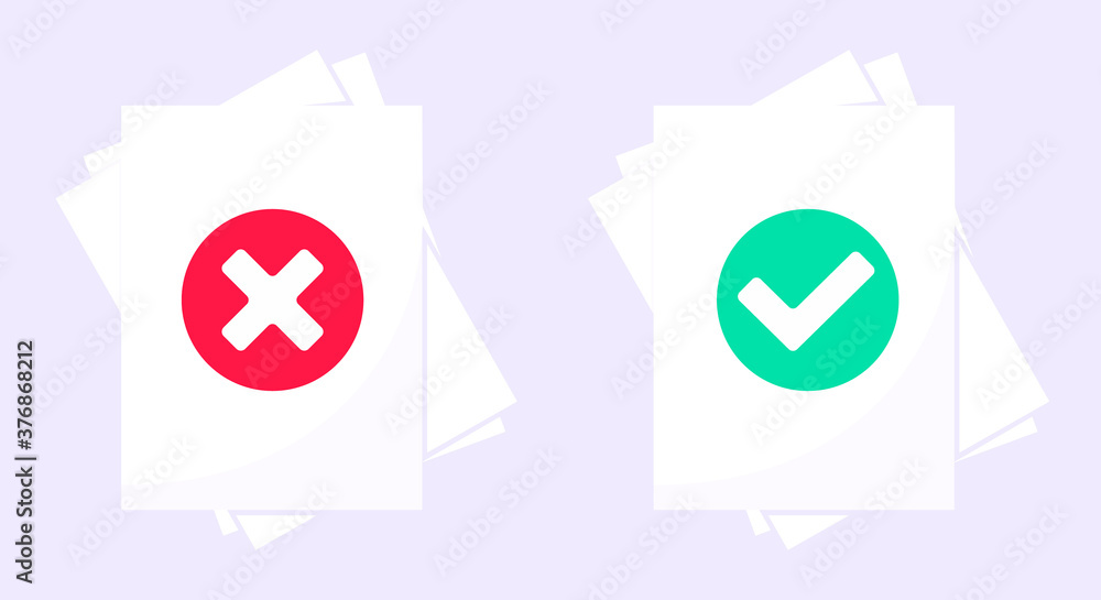 Correct and reject document verification concept with paper sheets and ...