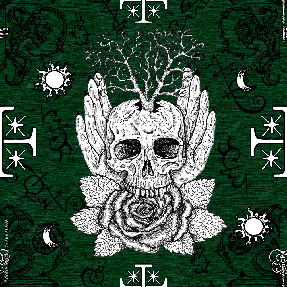 Seamless pattern with wiccan emblem, rose, tree and skull in human ...