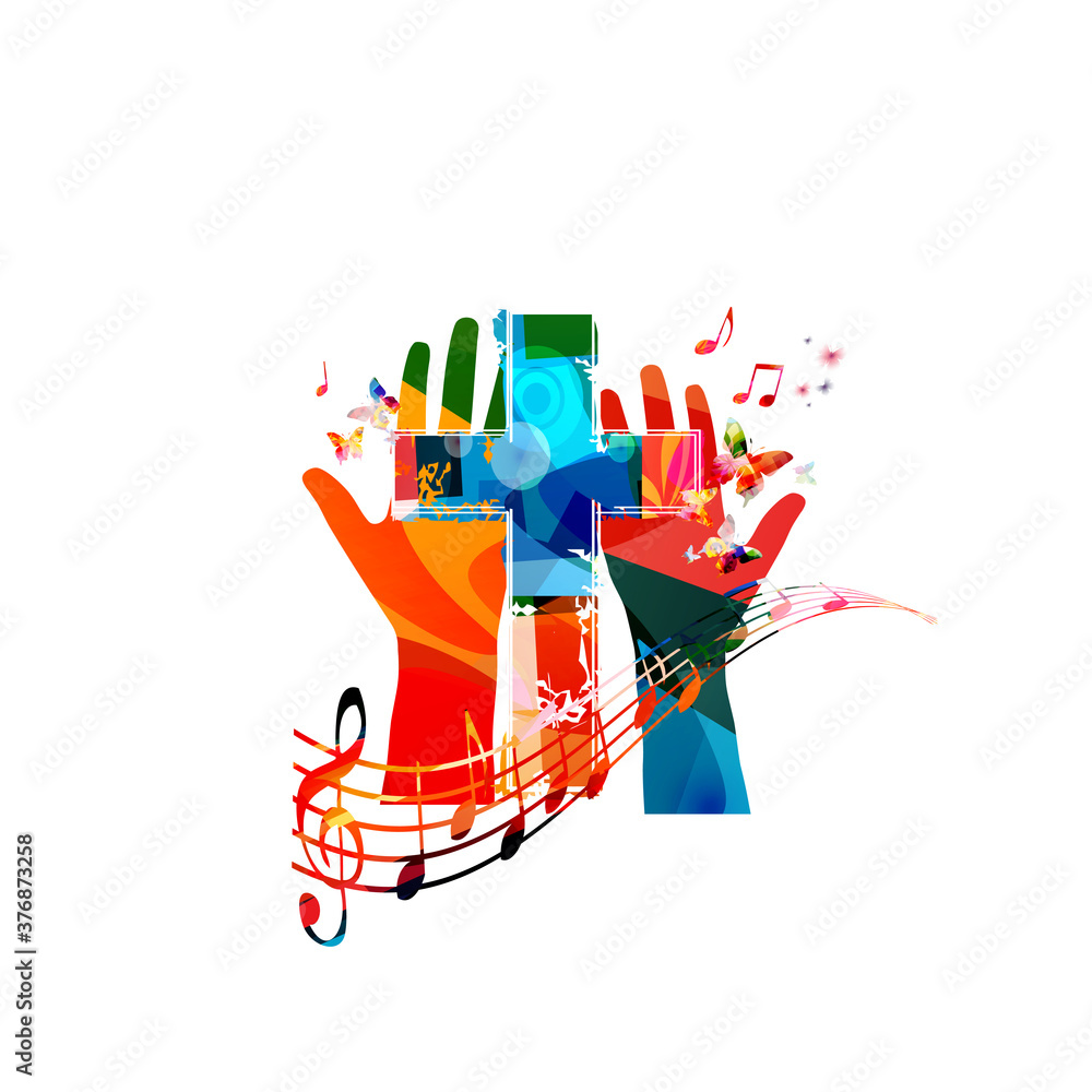 Colorful christian cross with hands and music notes isolated vector ...
