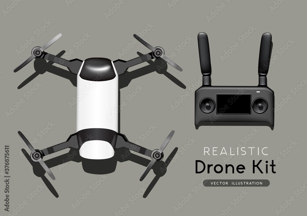 A model flight drone and controller set. top view, flat lay composition ...