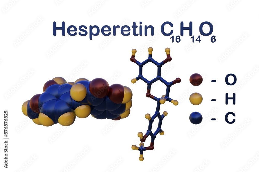 Structural chemical formula and molecular model of hesperetin, a drug ...