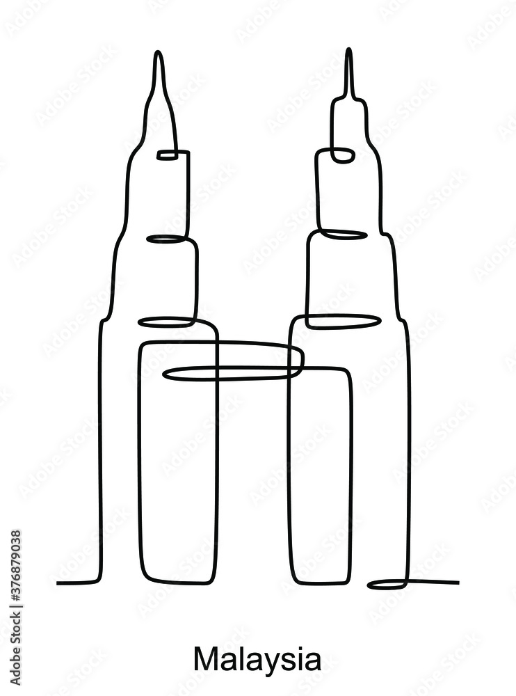 Petronas Twin Towers of Malaysia - Continuous one line drawing. Vector ...