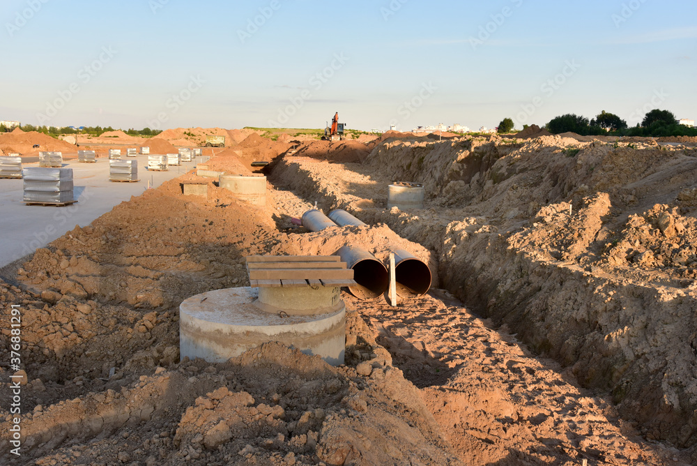 Sewer pipes for laying an external sewage system at a construction site ...