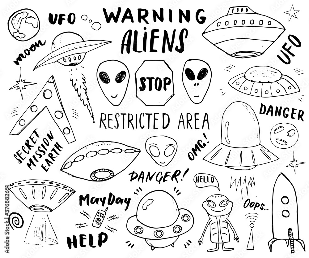 Aliens and Ufo Hand Drawn sketch Set. Cute Cartoon alien spaceships ...